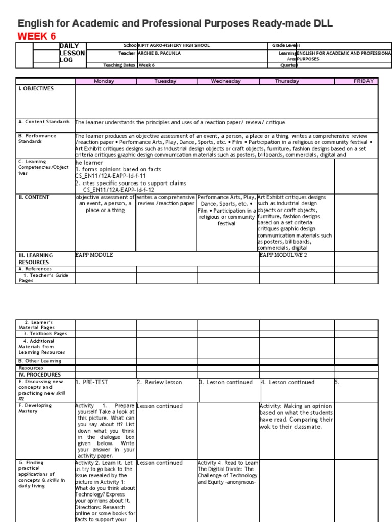 DLL Week 6 | PDF | Learning | Teachers