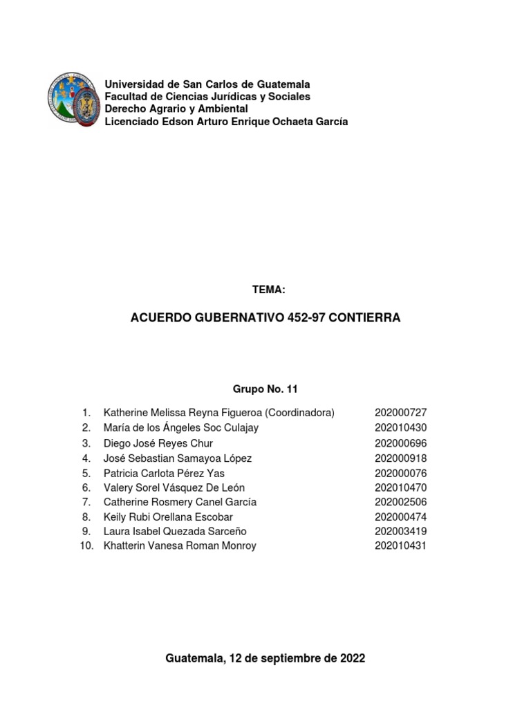 Acuerdo Gubernativo 452-97 Contierra Trabajo Completo | PDF | Guatemala ...