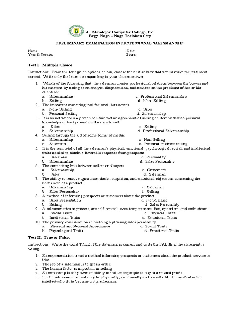 Preliminary Exam in Professional Salesmanship | PDF | Sales | Market ...