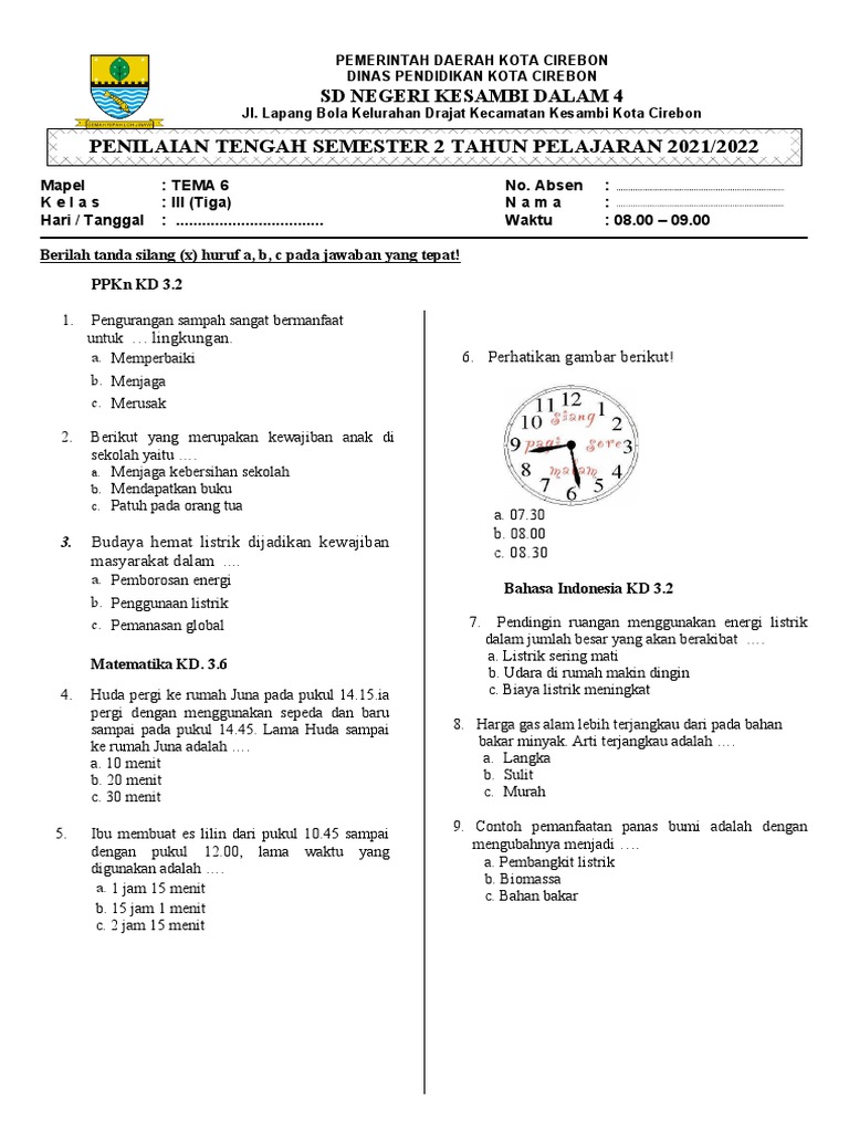 PTS TEMA 6 Semester 2 (2021-2022) - Copy Kelas 3 | PDF