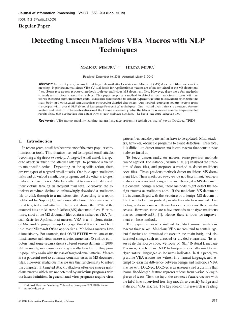 Detecting Unseen Malicious VBA Macros With NLPTechniques | PDF ...