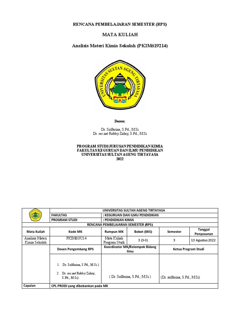 RPS Analisis Kimia Sekolah 2022 OBE Fix | PDF