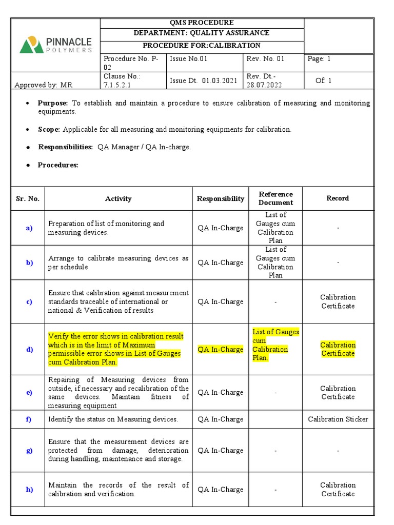 Calibration Procedure for QA Department | PDF | Finance & Money ...