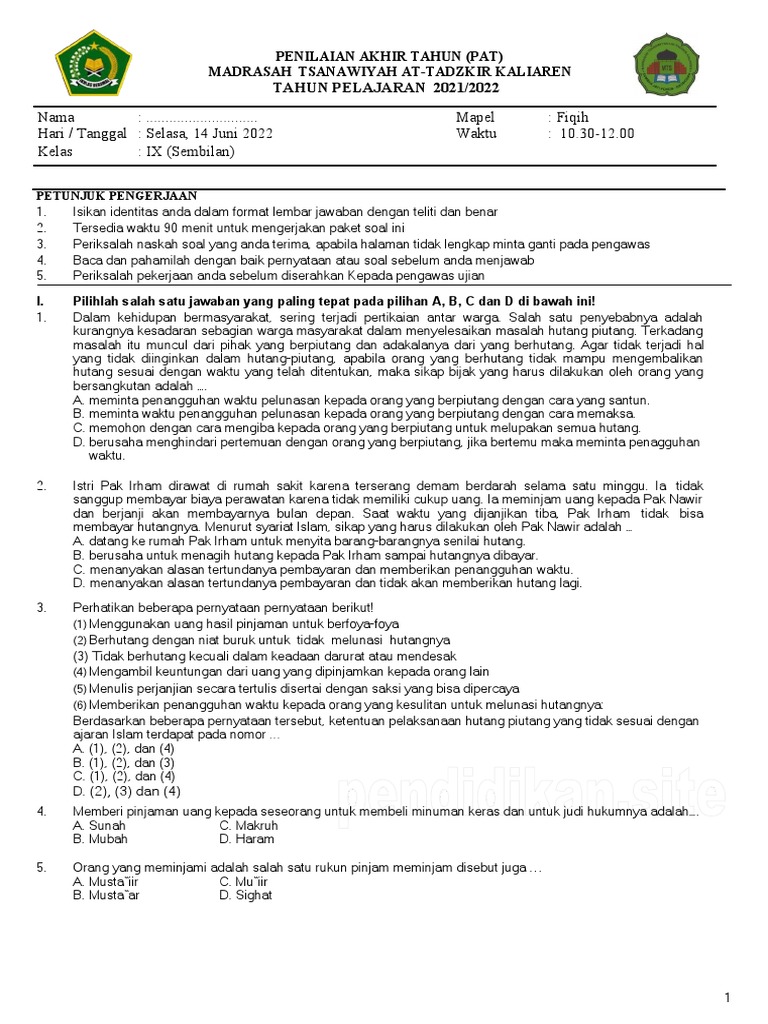 Soal Fiqih Kelas 9 | PDF