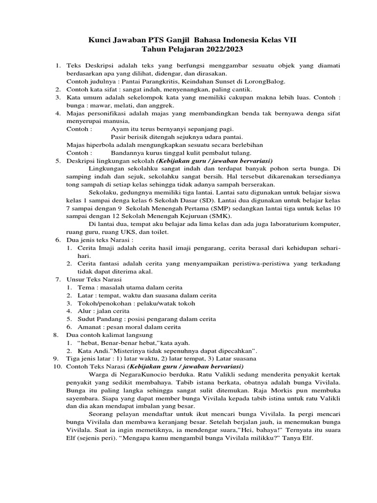 Kunci Jawaban PTS Ganjil - Bahasa Indonesia - Kelas VII | PDF
