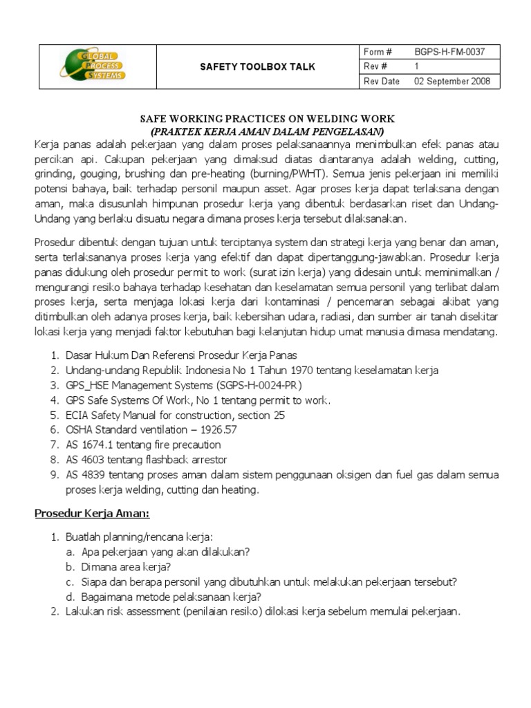 20.safety Toolbox Talk Safe Working Practices On Welding Work | PDF