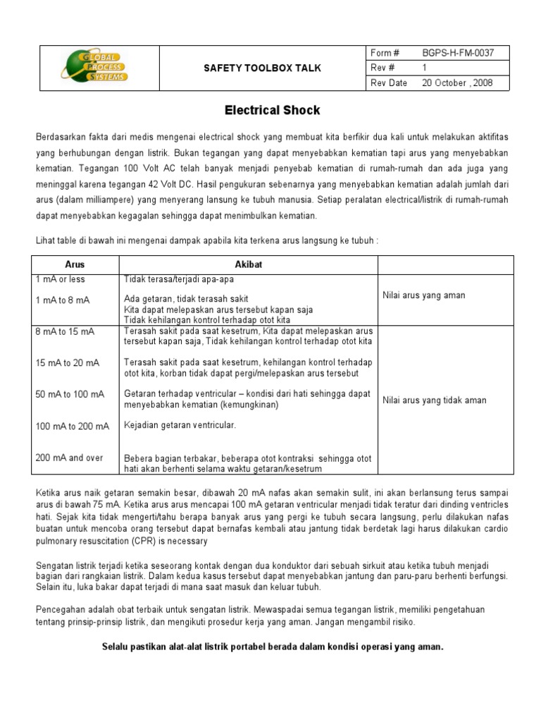 Safety Toolbox Talk Electrical Shock | PDF