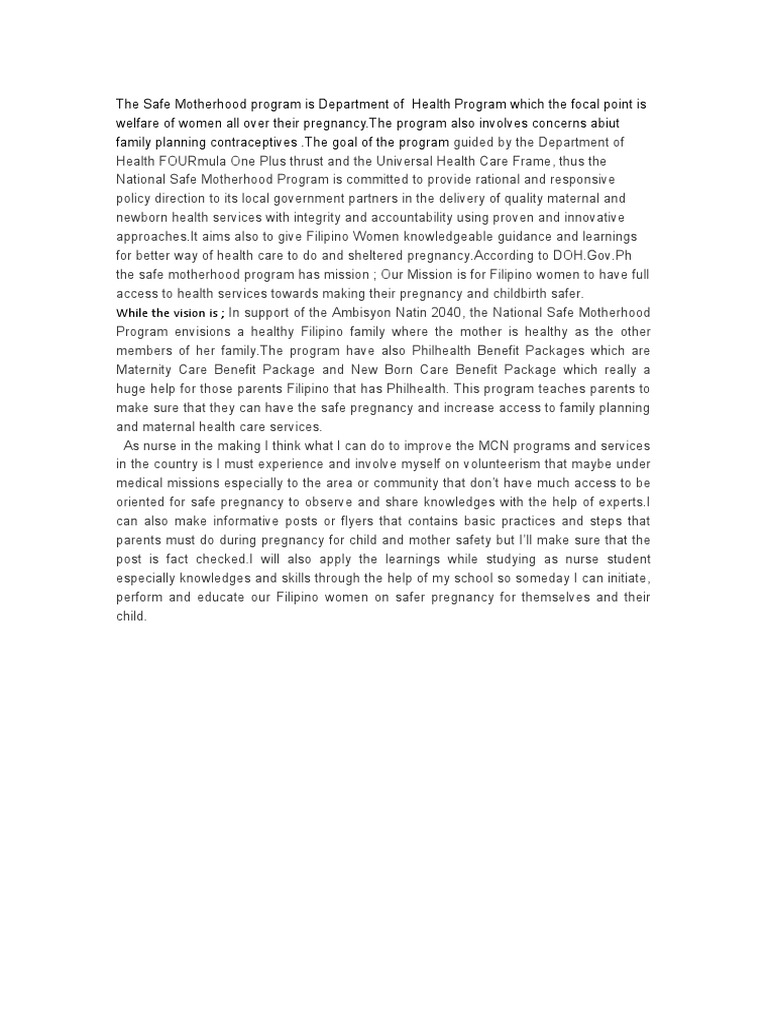 Safe Motherhood Program Overview | PDF | Self-Improvement | Wellness