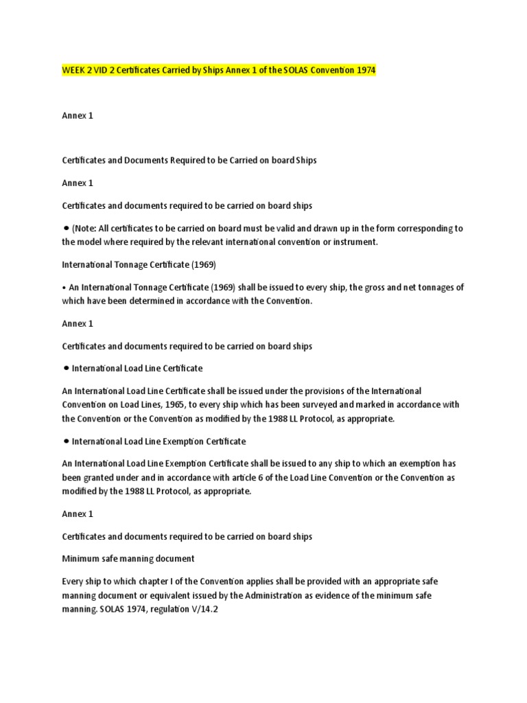 WEEK 2 VID 2 Certificates Carried by Ships Annex 1 of The SOLAS ...