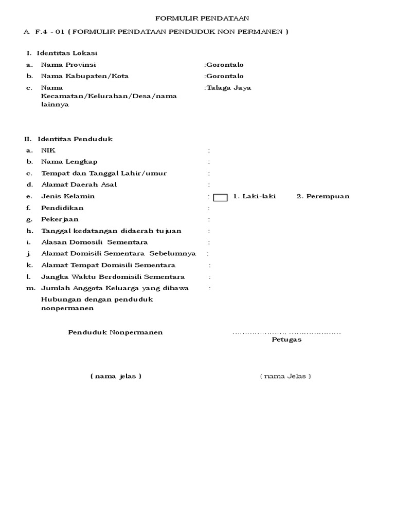 Format Pendataan Penduduk Non Permanen | PDF