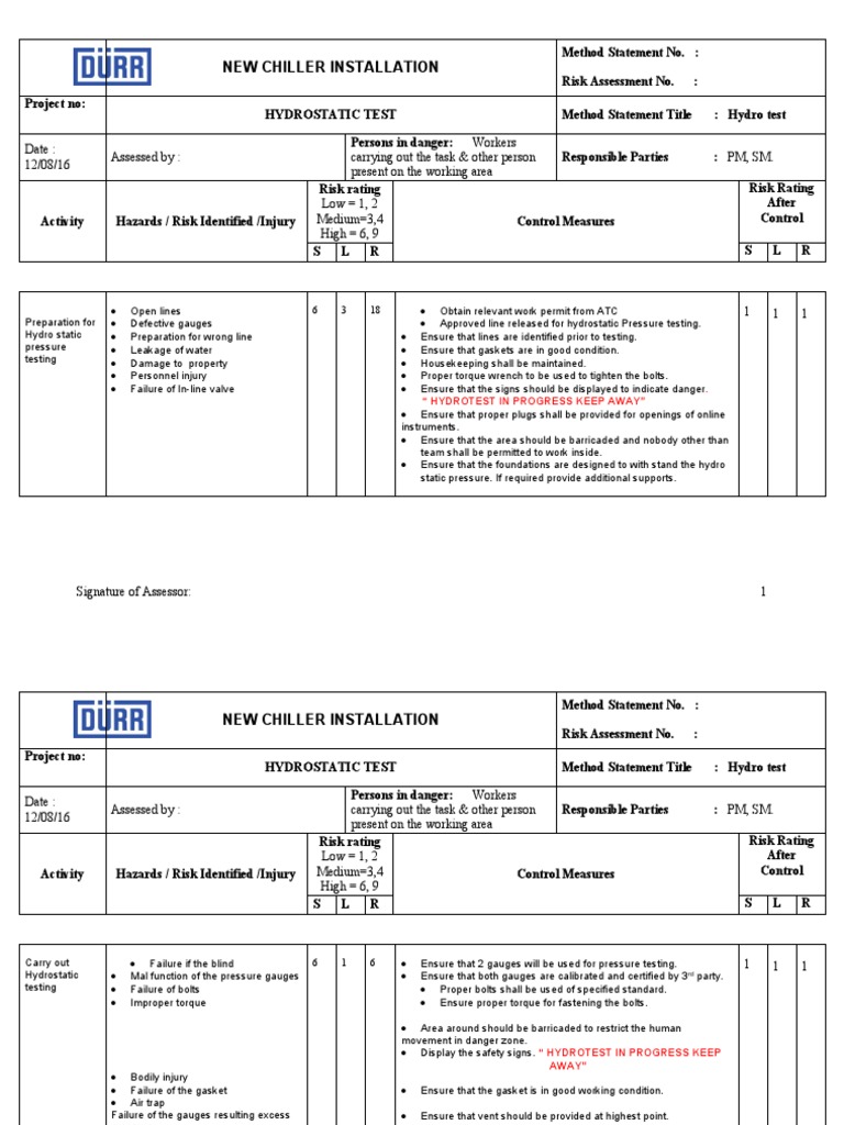 Risk Hydro Test Pdf Occupational Safety And Health Safety