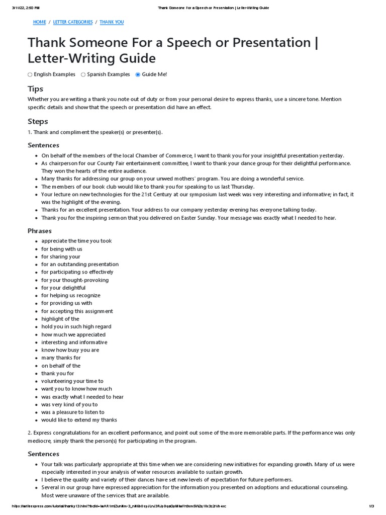 Thank Someone For A Speech or Presentation - Letter-Writing Guide | PDF