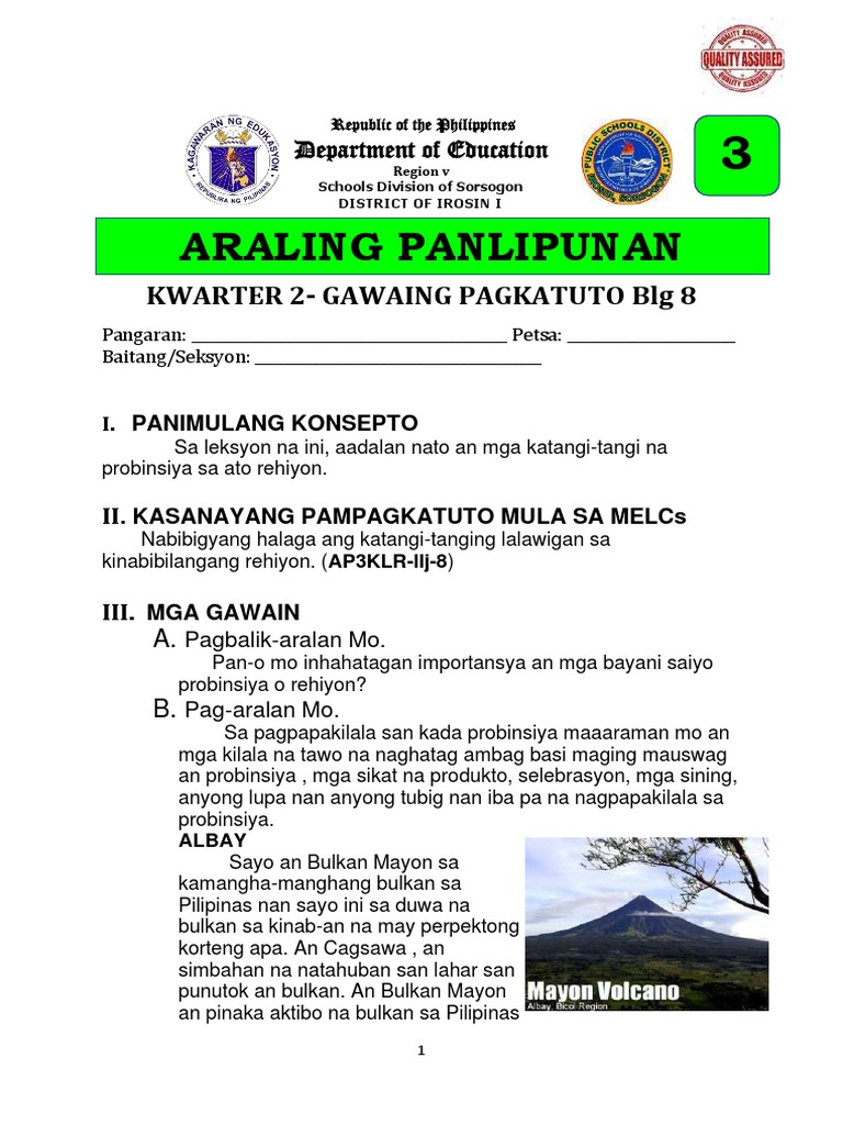 Araling Panlipunan: Kwarter 2-Gawaing Pagkatuto BLG 8 | PDF