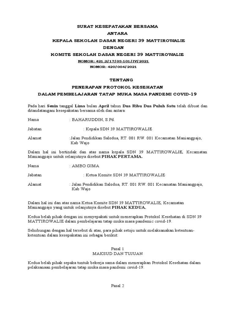 Contoh Surat Kesepakatan Bersama Komite Sekolah Protokol Kesehatan | PDF