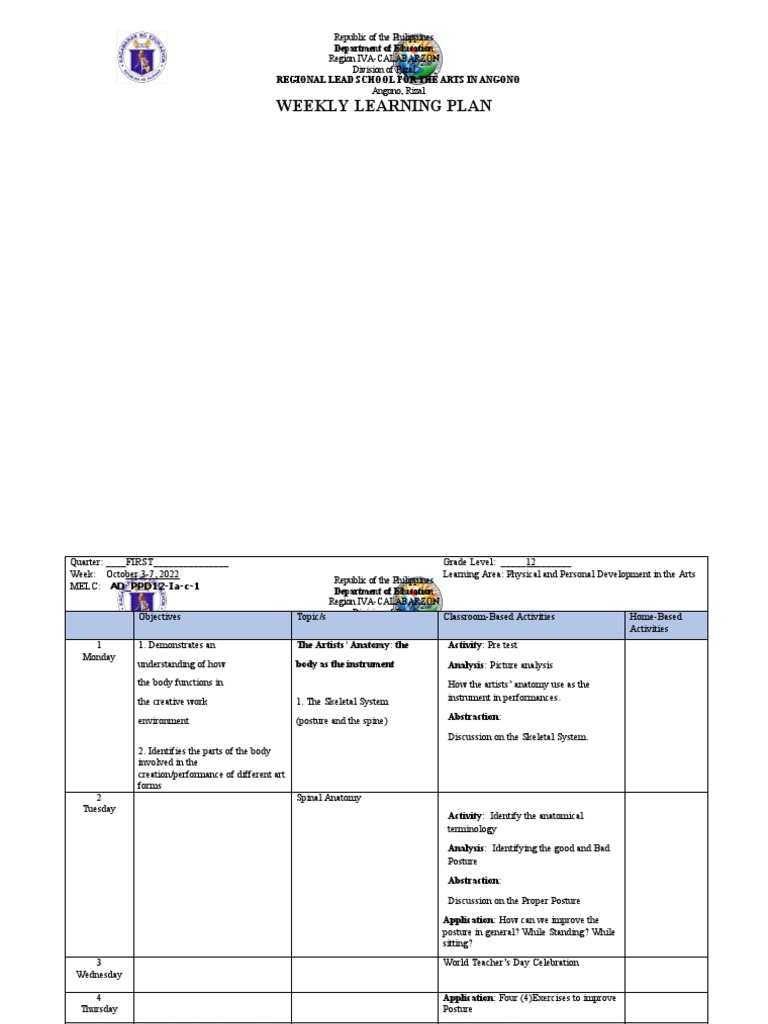 WEEKLY LEARNING PLAN - PPDA Lesson 1 | PDF
