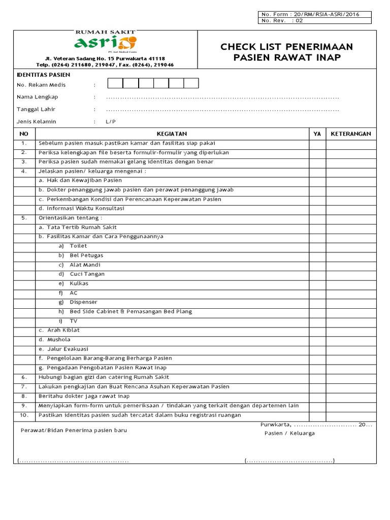 Cheklist Penerimaan Pasien Baru Fix | PDF