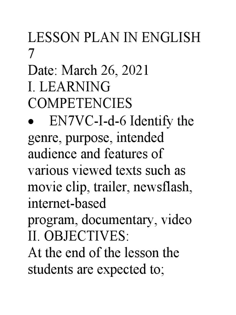 LESSON PLAN IN ENGLISH 7 | PDF | Lesson Plan | Teachers