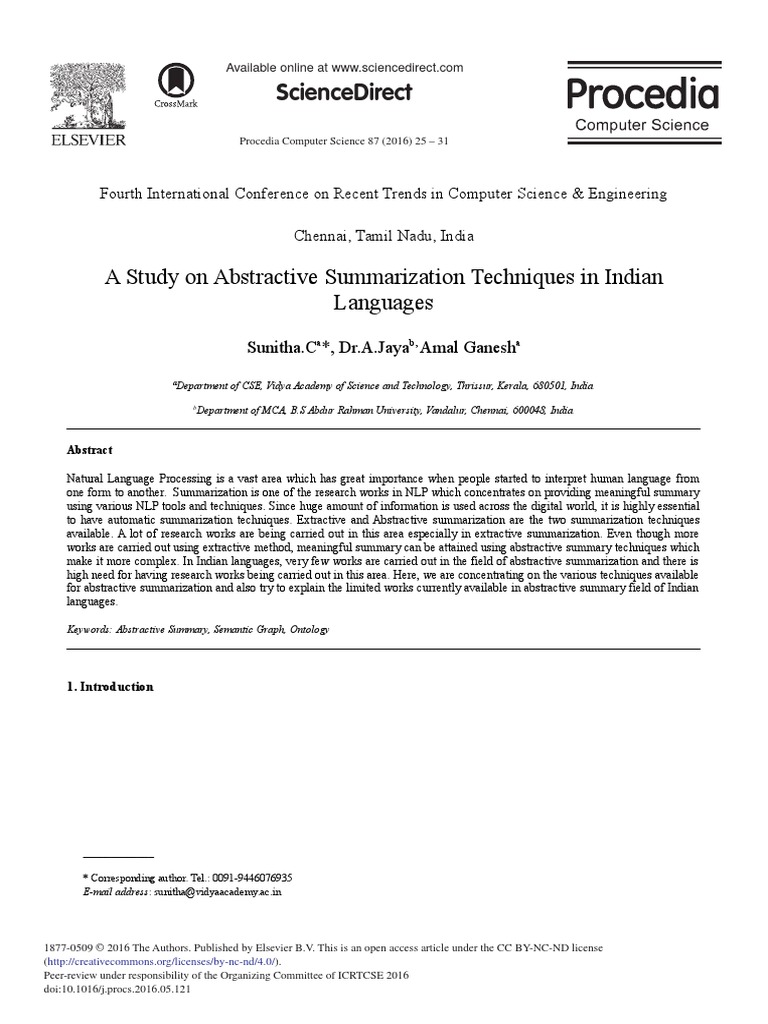 A Study On Abstractive Summarization Techniques in Indian Languages | PDF