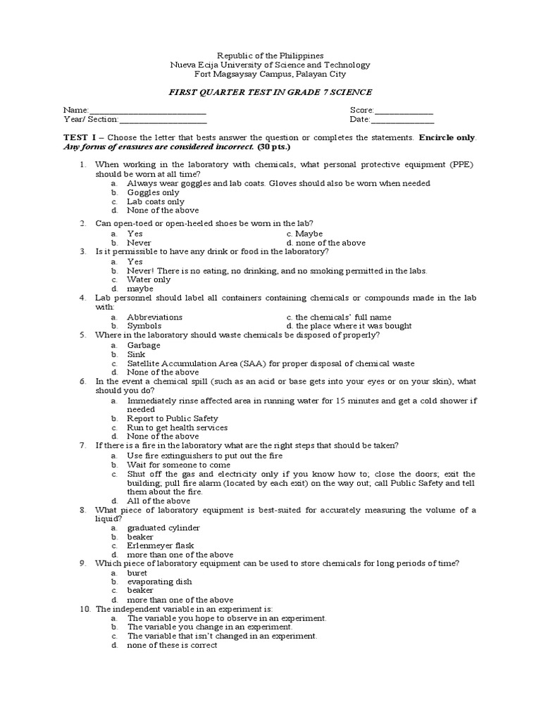 Grade 7 Science Test: Lab Safety & Concepts | PDF | Chemical Substances ...