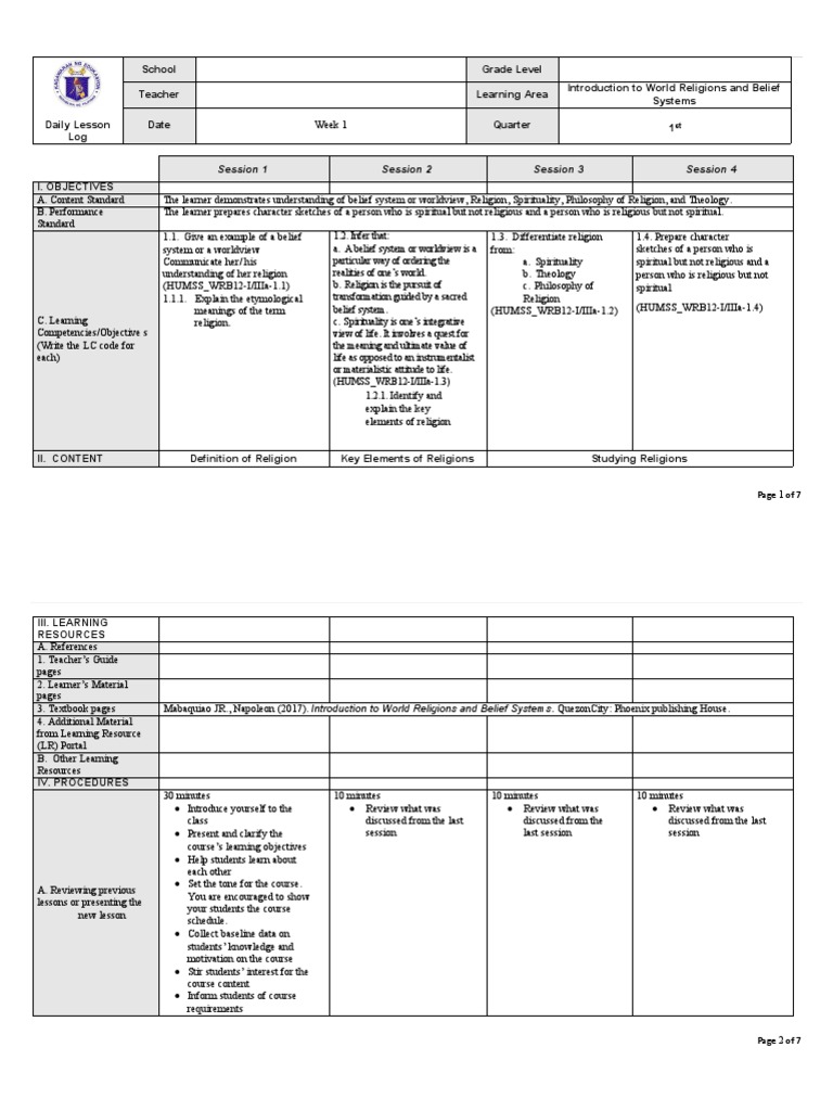 Introduction to World Religions Lesson Plan | PDF | Learning | Spirituality