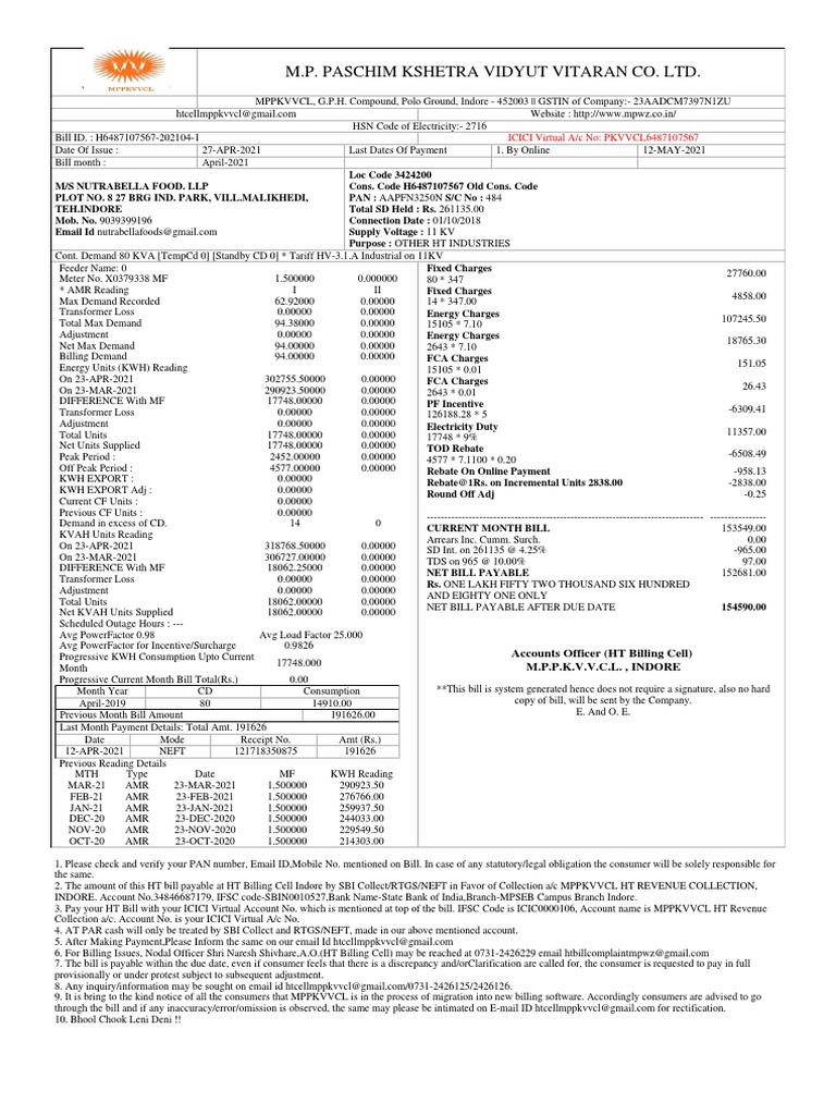 M.P. Paschim Kshetra Vidyut Vitaran Co. LTD.: ICICI Virtual A/c No: PKVVCL6487107567 | PDF ...