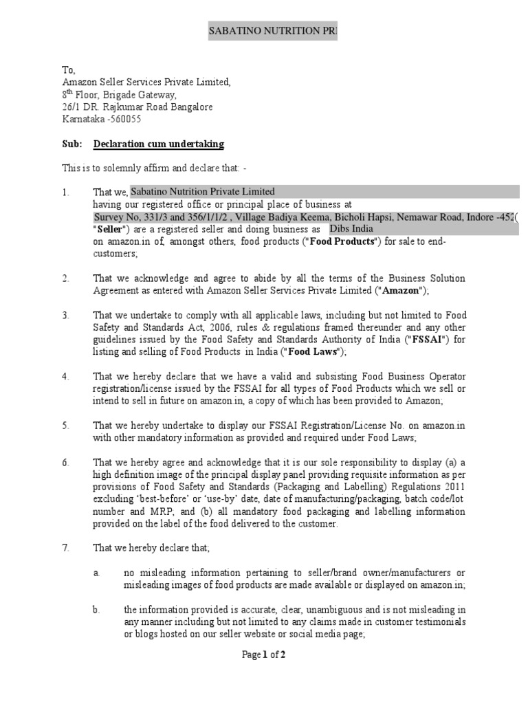 Fssai Seller Declaration Document Cb1198675309 Pdf Food Safety