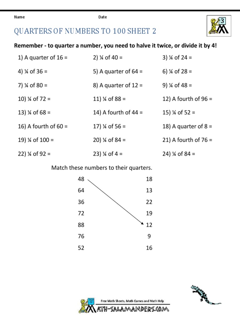 Quarters of Numbers to 100 Worksheet | PDF | Teaching Methods & Materials