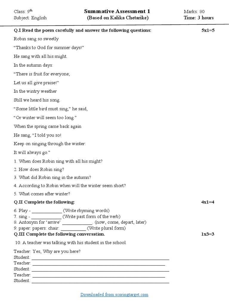 9th Class English SA1 Question Paper 2025 | PDF