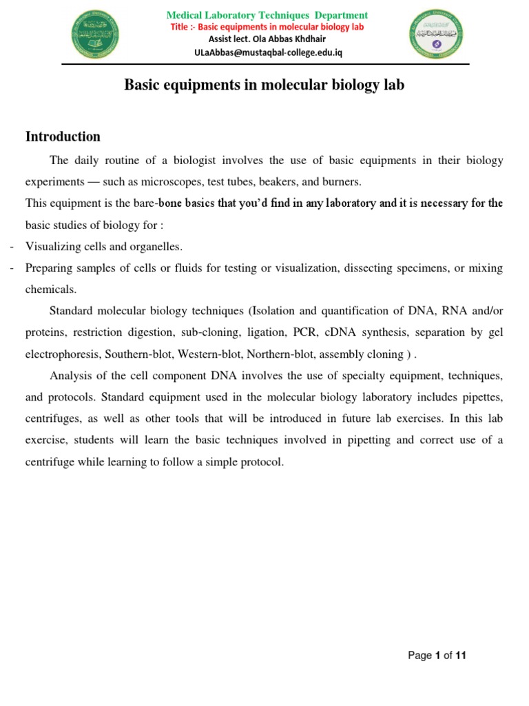 Equipments in Molecular Biology Lab | PDF | Gel Electrophoresis | Polymerase Chain Reaction