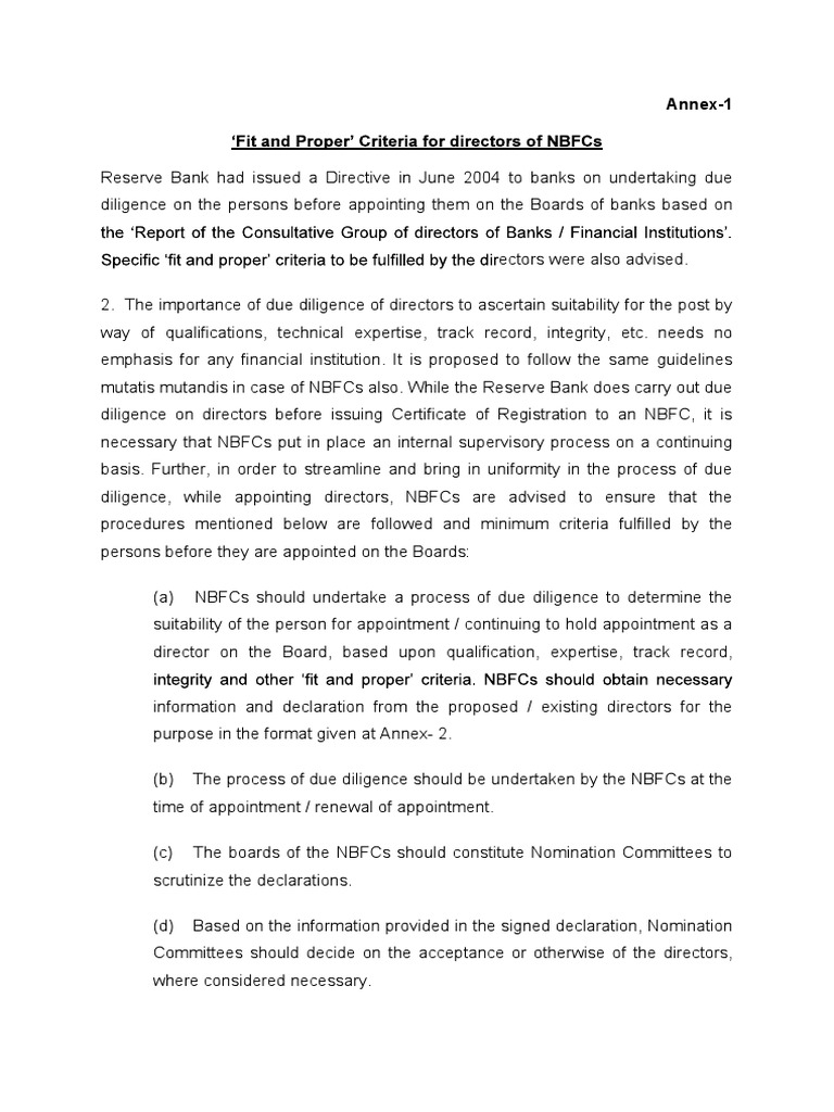 Master Circular - NBFC - Annexure 1 - Fit and Proper Criteria | PDF