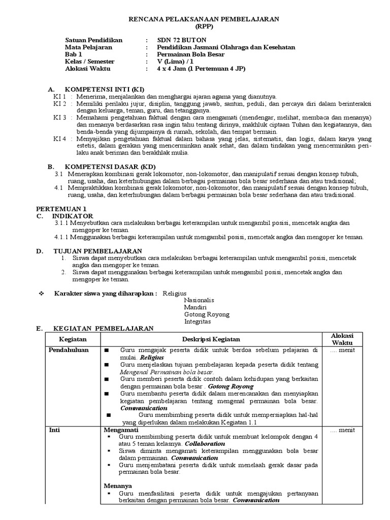 RPP Pjok Kelas 5 Semester 1 | PDF