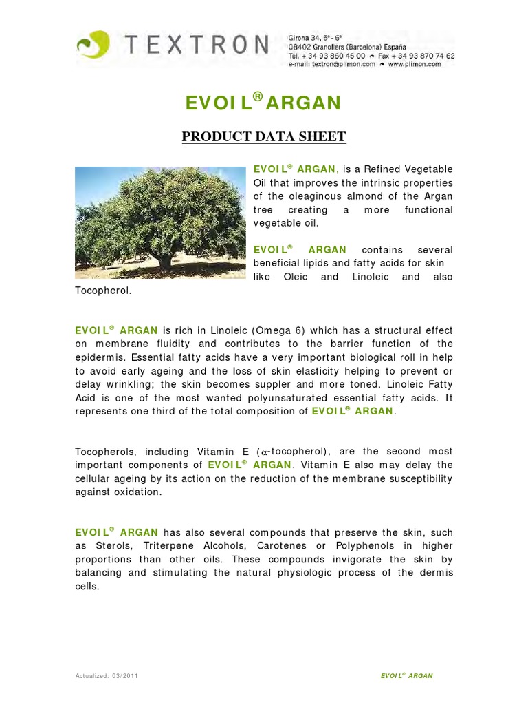 Evoil Argan tx008467 Pds | PDF | Fatty Acid | Fat