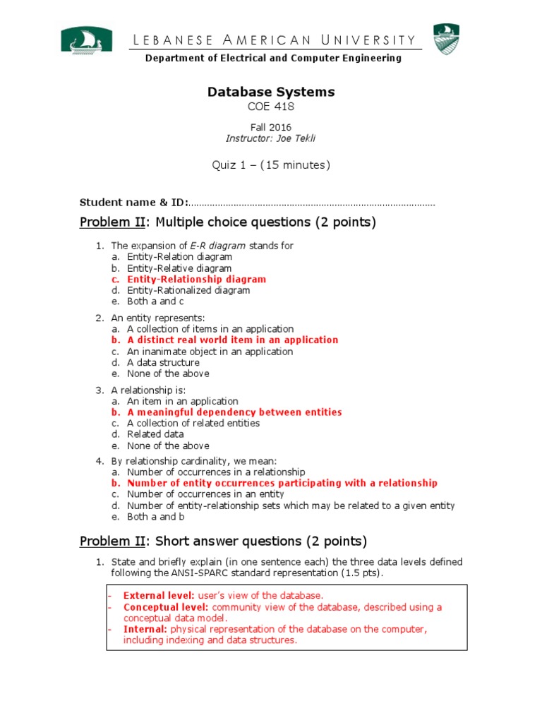 Quiz I - 2016 (Solution Key) | PDF | Databases | Information Technology
