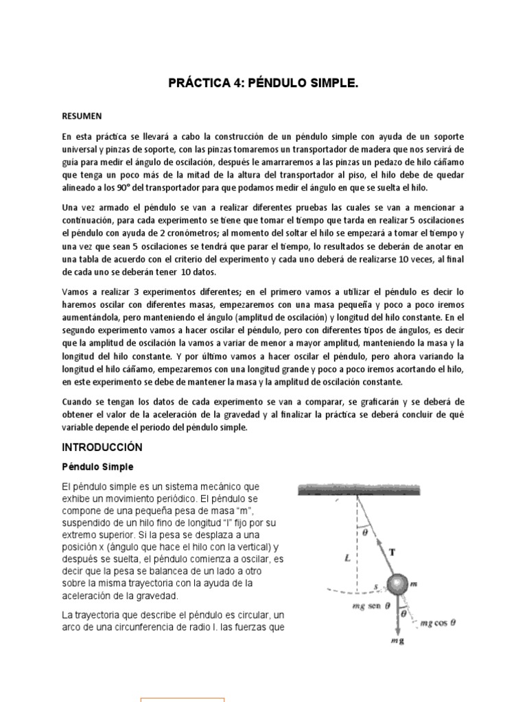 Práctica 4 Física: Péndulo Simple | PDF | Péndulo | Oscilación