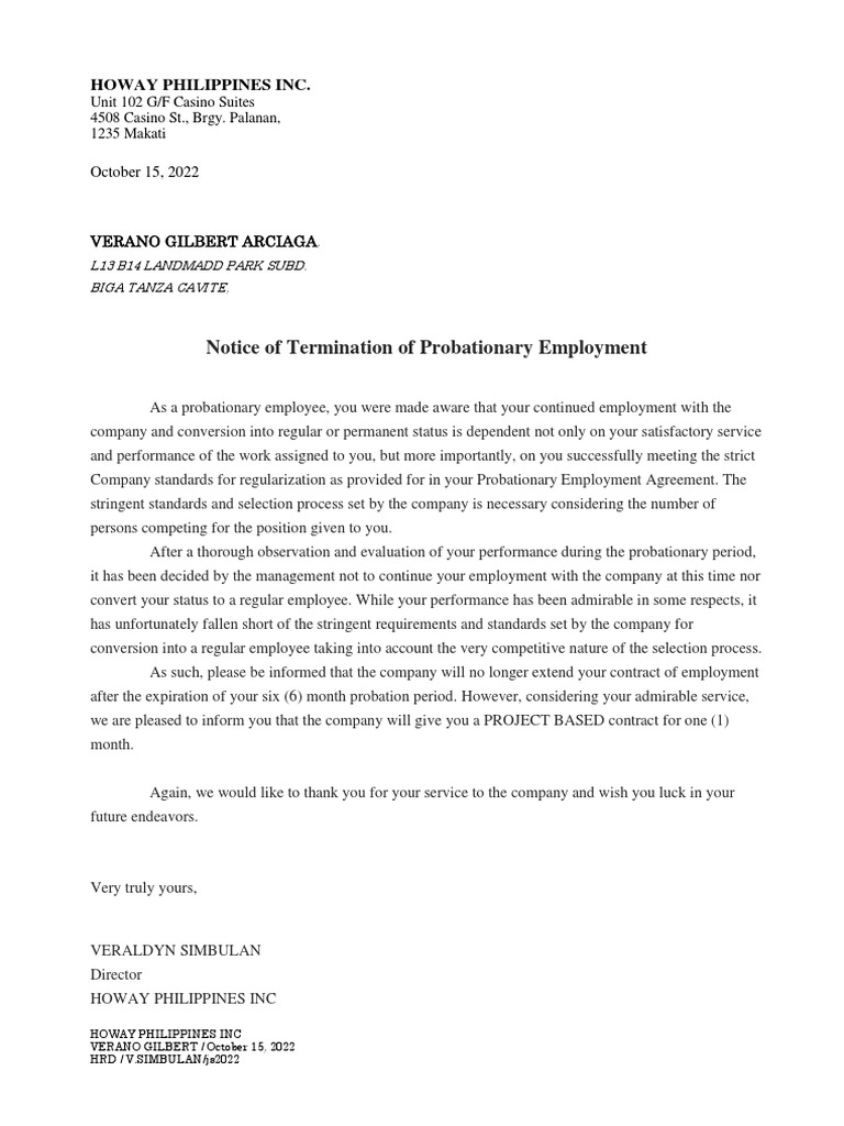 Notice of Termination Probationary | PDF | Career & Growth | Business
