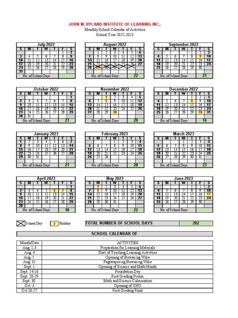 School Calendar of Activities SY 2022 2023 | PDF