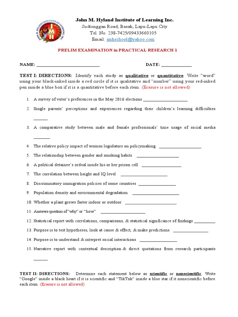 Grade 11 Prelim Examination | Download Free PDF | Quantitative Research | Methodology