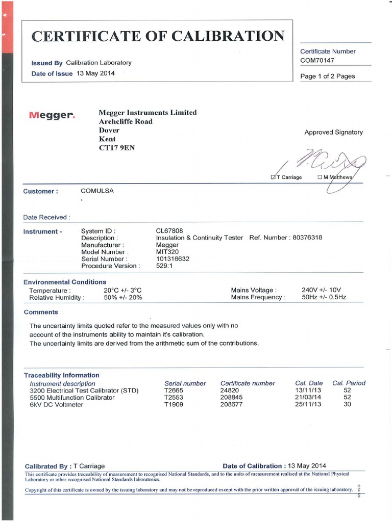 Certificado de Calibración Megger 101316632 | PDF