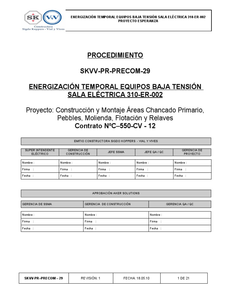 SKVV PR Precom 29 Rev 1 Energizacion Temporal Equipos Baja Tensión Sala Eléctrica 310-Er-002 ...