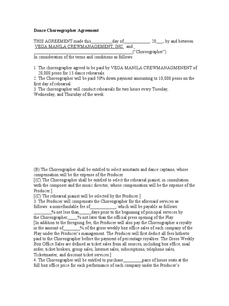 Dance Choreographer Agreement 1 | PDF | Arbitration | Box Office