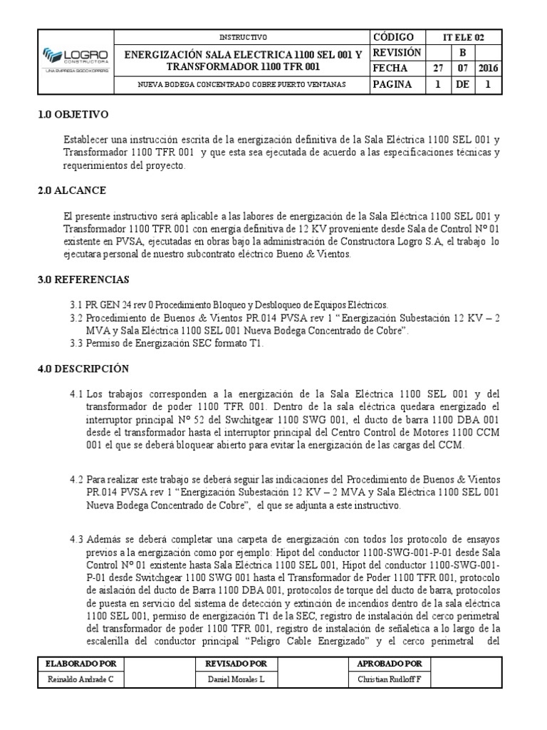 IT ELE 02 Rev B Instructivo Energización Sala Eléctrica 1100 SEL 001 | PDF | Ingenieria ...