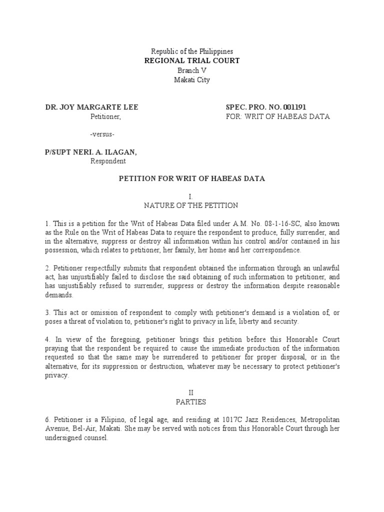 Sample Writ of Habeas Data | PDF | Habeas Corpus | Right To Privacy