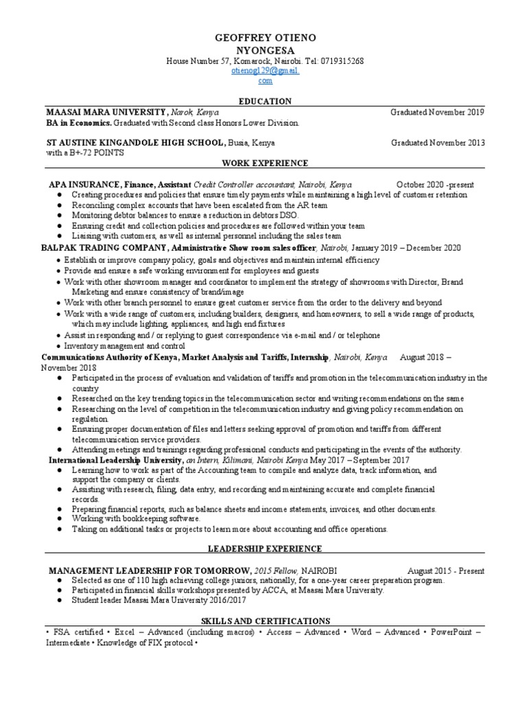 Geoffrey Otieno - Resume | PDF | Accounting | Business