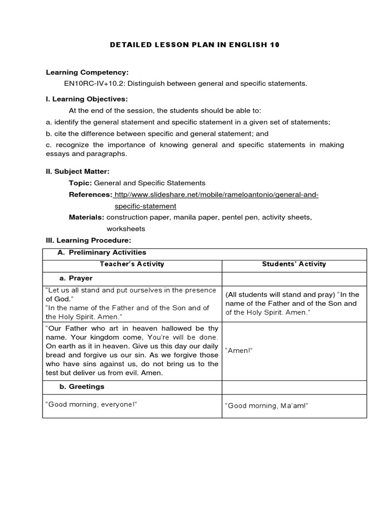 General and Specific Statement Detailed Lesson Plan in English | PDF ...