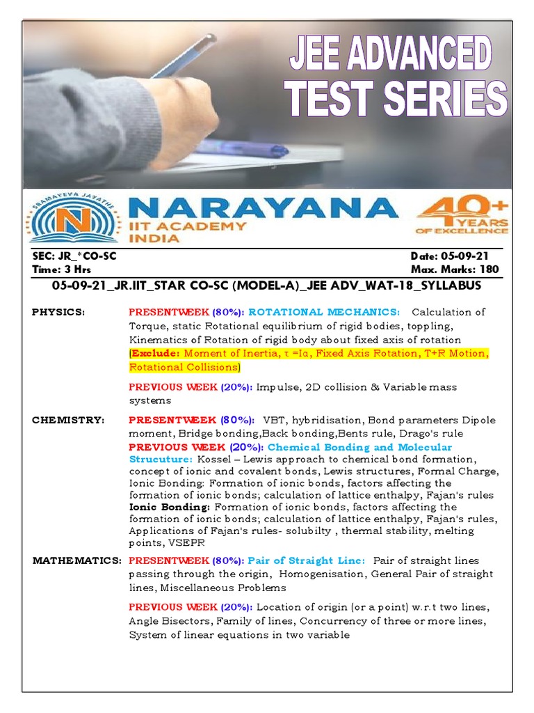 Narayana IIT Academy Junior IIT CO-SC Practice Test for JEE Advanced ...