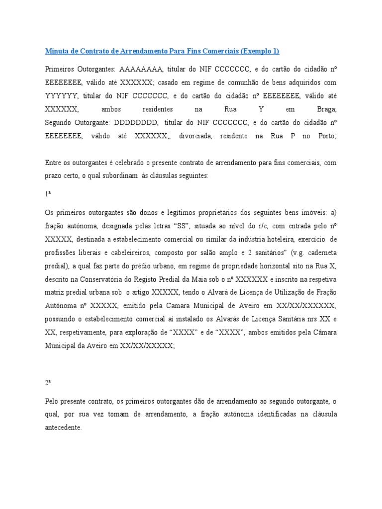 Minuta de Contrato de Arrendamento para Fins Comerciais (Exemplo 1) | PDF | Leasing | Estado