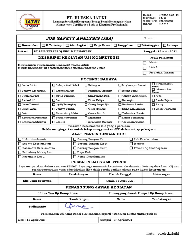 Job Safety Analysis (Jsa) : Pt. Eleska Iatki | PDF