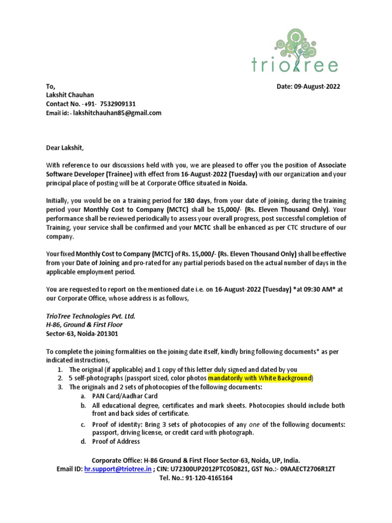 Offer Letter - Lakshit Chauhan | PDF | Identity Document | Government