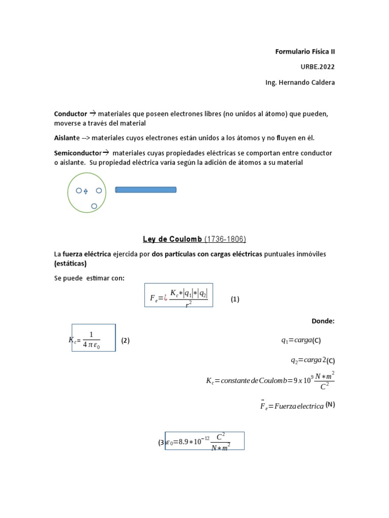 Formulario Física II | PDF | Campo eléctrico | Electrón