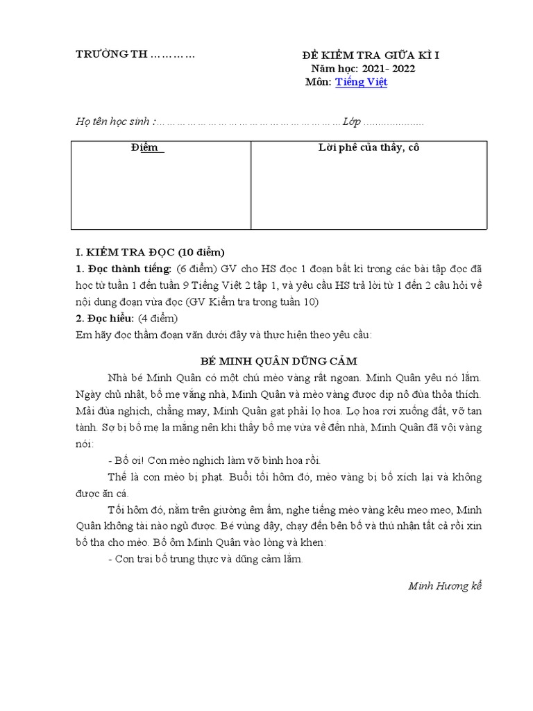 De Thi Giua Ki 1 Lop 2 Mon Tieng Viet Nam 2021 2022 Sach Canh Dieu | PDF